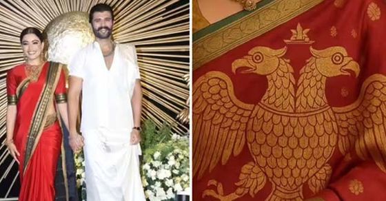 Rashmika Mandanna Wedding Reception Saree में Gandabherunda कौन,Design ...